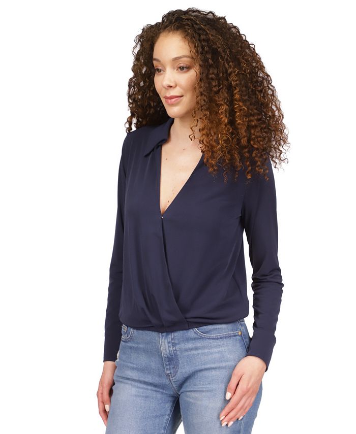 Michael Kors Women's Solid Collared Faux-Wrap Top - Macy's