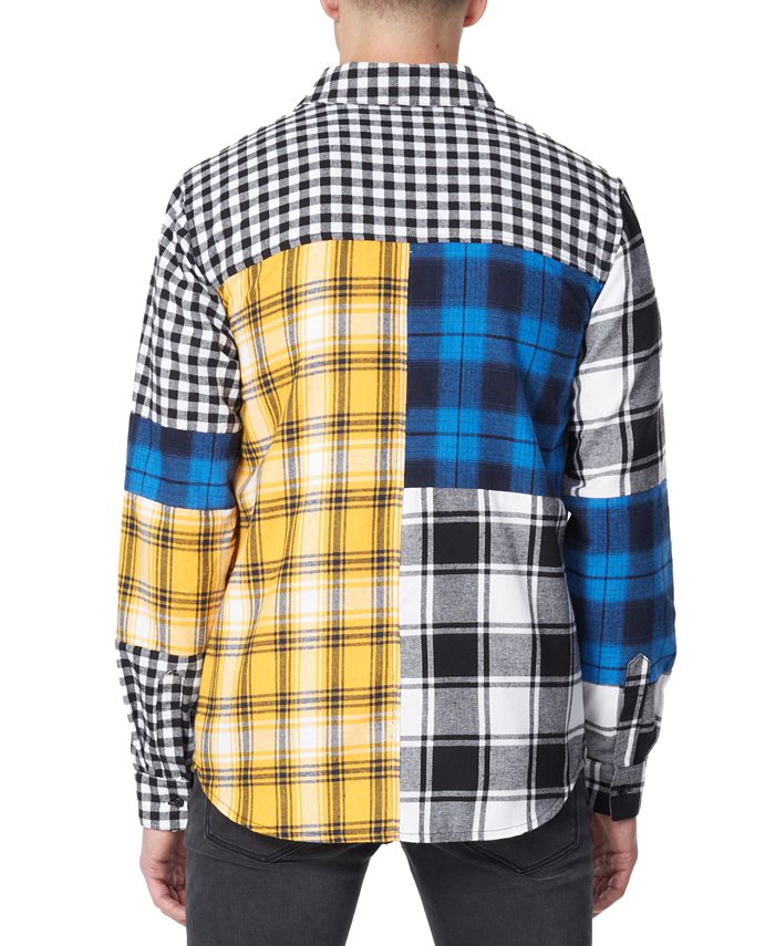 elevenparis ELEVEN PARIS Men's Cut & Sew Colorblocked Plaid Shirt - Macy's