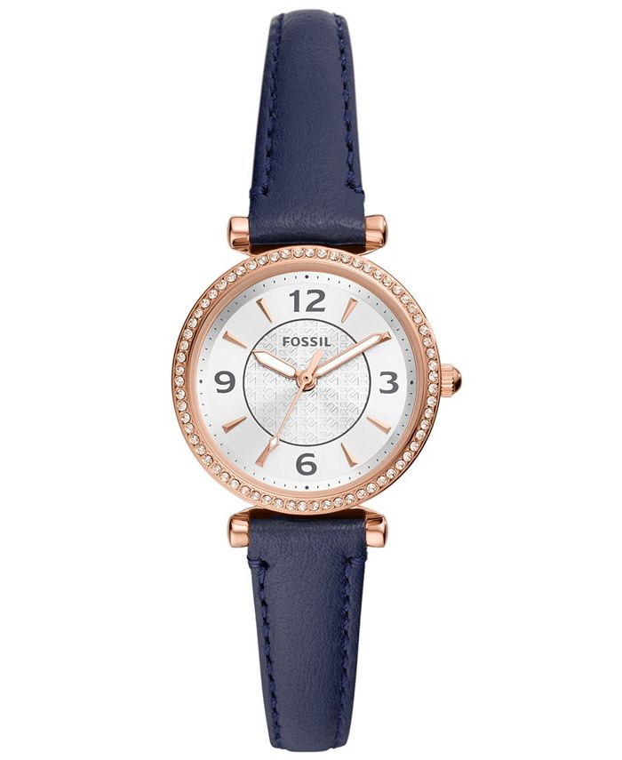 Fossil Women's Carlie Three-Hand Navy Genuine Leather Watch, 28mm - Macy's