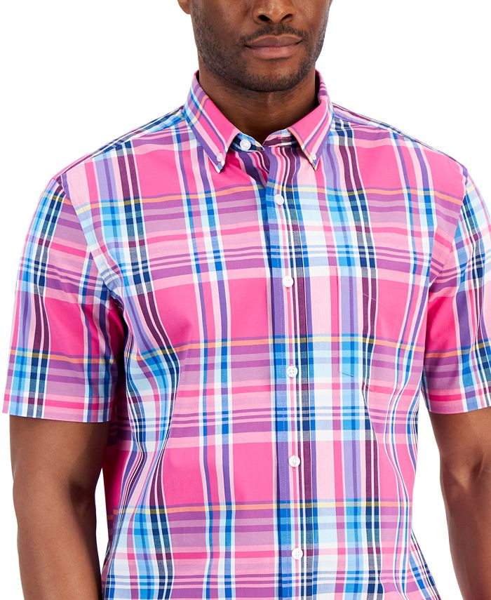 Club Room Mens Cali Plaid Poplin Button Down Short Sleeve Shirt