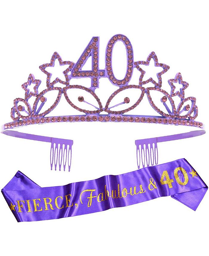Meant2tobe 40th Birthday Sash and Tiara Set for Women - Glittery Purple Sash with Stars and ...