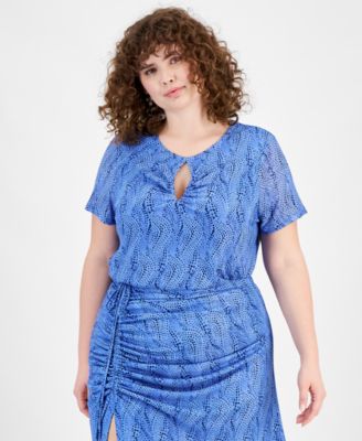 Bar III Plus Size Printed Keyhole Mesh Top, Created for Macy's - Macy's