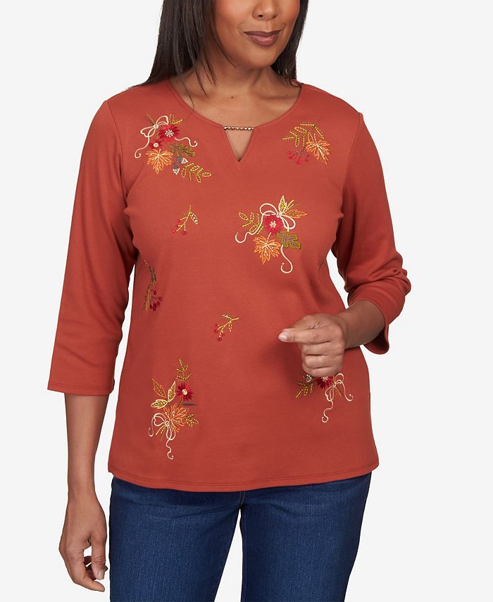 Alfred Dunner Women's Classics Falling Leaves Beaded Split Neck Top ...