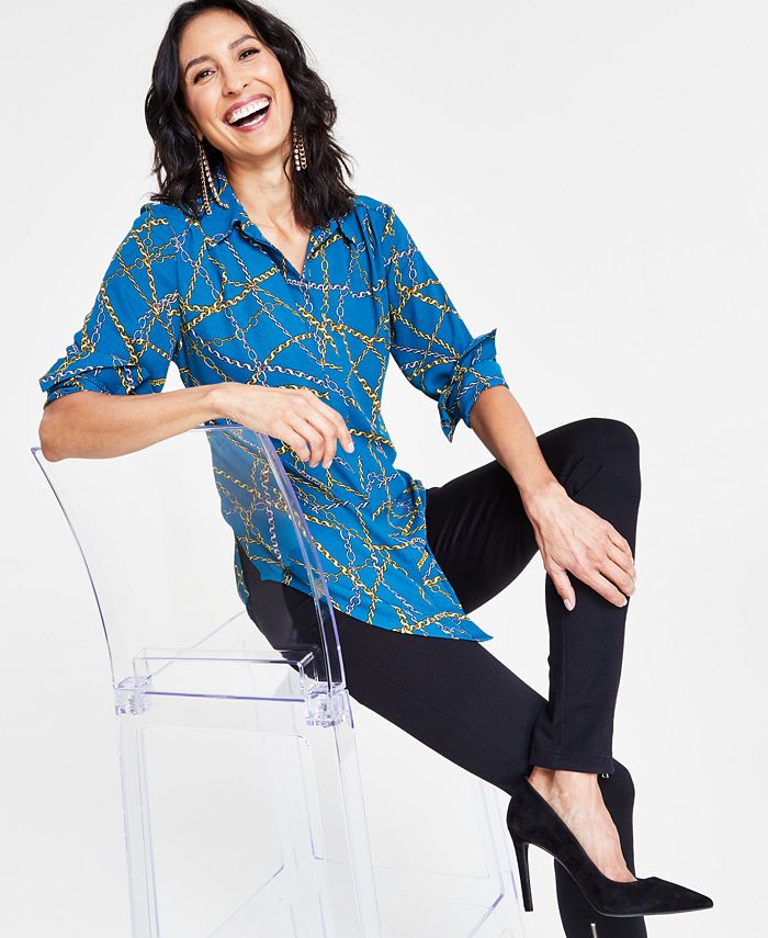 I.N.C. International Concepts Women's Printed Covered-Placket Tunic Top ...