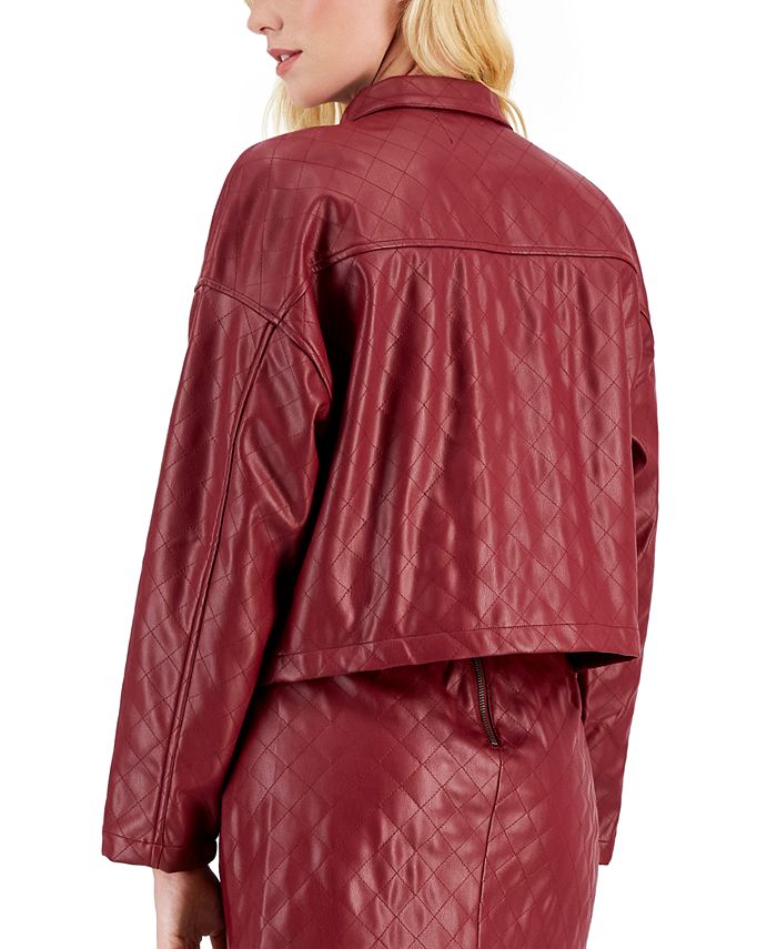 Tinseltown Juniors' Quilted Faux-Leather Cropped Shacket - Macy's