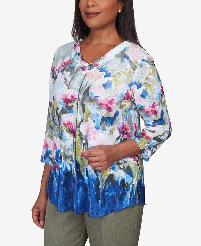 Alfred Dunner Women's Chelsea Market Abstract Border Garden Print Top - Macy's