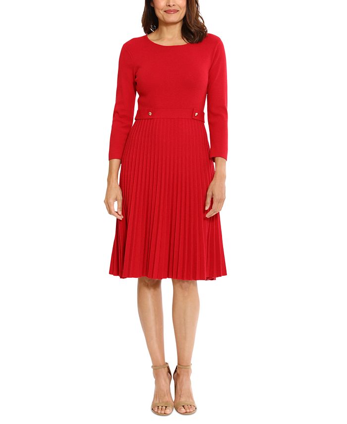 London Times Women's 3/4-Sleeve Pleated Fit & Flare Dress - Macy's