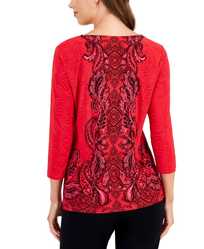 JM Collection Women's Runway Etch 3/4-Sleeve Jacquard Top, Created for ...