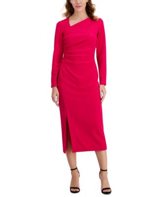 Anne Klein Women's Asymmetrical-Neck Ruched Midi Dress - Macy's