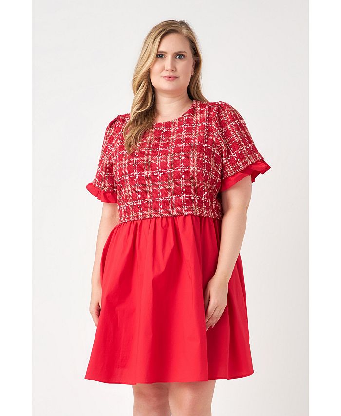 English Factory Plus Size Mixed Media Tweed Poplin Mini Dress - Macy's