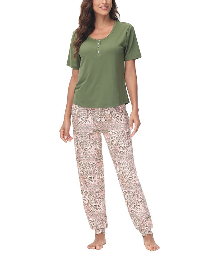 INK+IVY Women's 2 Piece Short Sleeve Henley Top with Jogger Pajama Set - Macy's