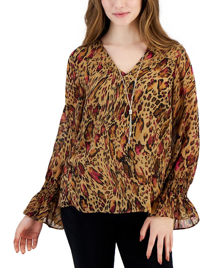 JM Collection Petite Glam Animal Printed Smocked Necklace Top, Created ...