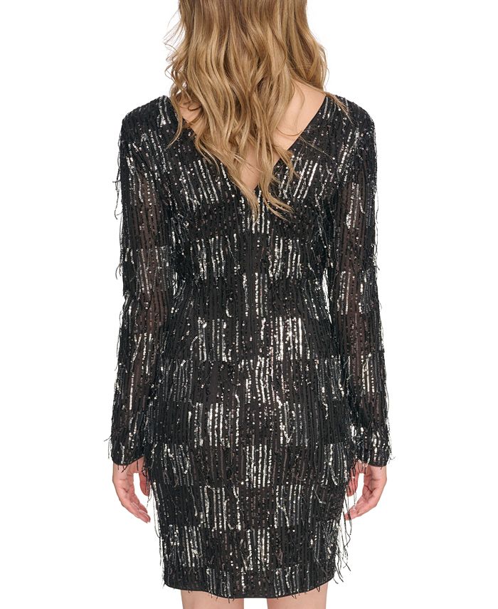 GUESS Women's Sequined Fringe Checked V-Neck Dress - Macy's