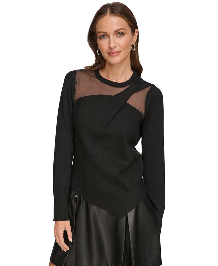 DKNY Women's Mesh-Inset Long-Sleeve Asymmetric-Hem Sweater - Macy's
