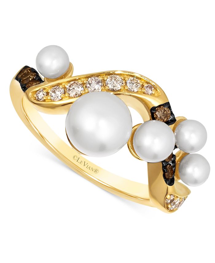 Le Vian Vanilla Pearls (3-7mm) & Diamond (1/3 ct. t.w.) Swoop Ring in ...