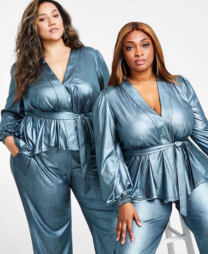 Nina Parker Trendy Plus Size Metallic Wrap Top - Macy's