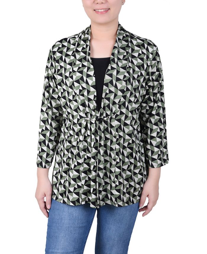 NY Collection Petite Puff Print 3/4 Sleeve Two-Fer Top - Macy's