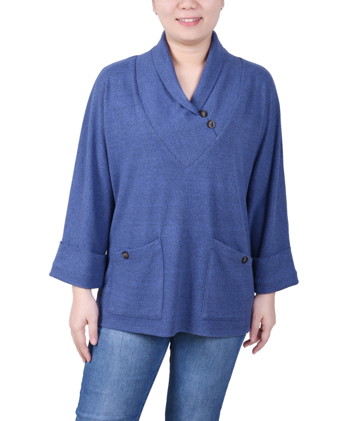 Click here for Ny Collection Petite Cuff Sleeve Shawl Collar Top... prices