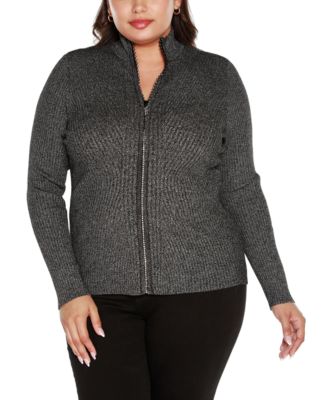 Belldini Black Label Plus Size Lurex Mock Neck Ribbed Zip Up Sweater ...