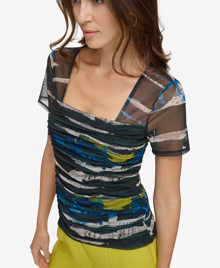DKNY Women's Printed Ruched-Front Sheer-Sleeve Mesh Top - Macy's
