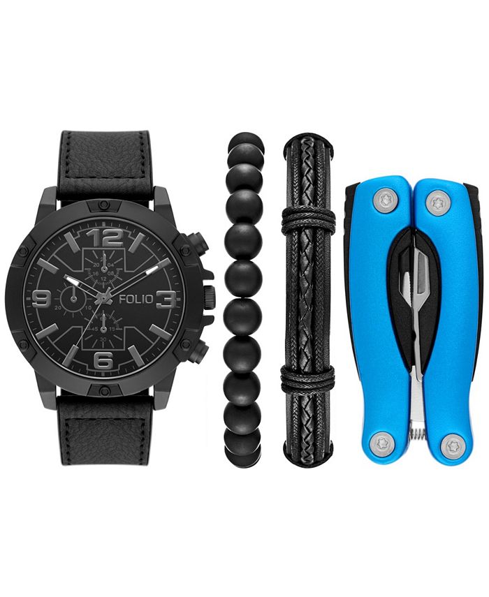 Folio Men's Quartz Three Hand Black Polyurethane Watch 48mm, Gift Set ...