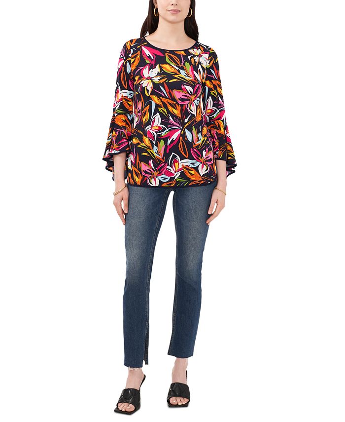 Sam & Jess Petite Floral-Print Bell-Sleeve Piped Top - Macy's