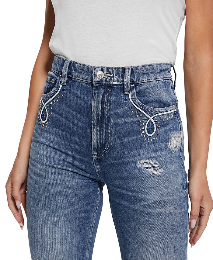 GUESS Women's 80s High-Rise Embellished Straight-Leg Jeans - Macy's