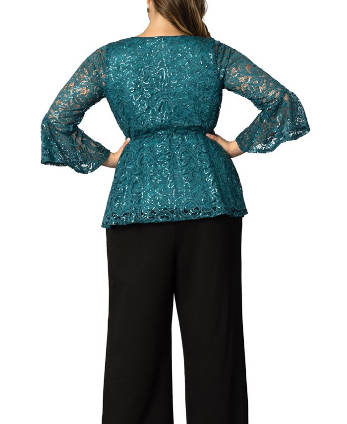 Kiyonna Women's Plus Size Sequin Sparkle Bell Sleeve Lace Top - Macy's