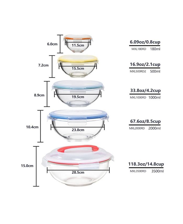 Genicook 5 Pc Container Nesting Borosilicate Glass Mixing Bowl Set with ...