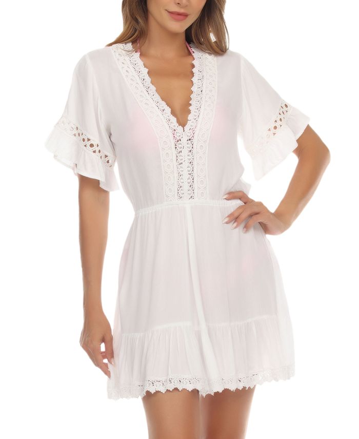 Raviya Women's V-Neck Short-Sleeve Lace-Trim Dress Cover-Up - Macy's