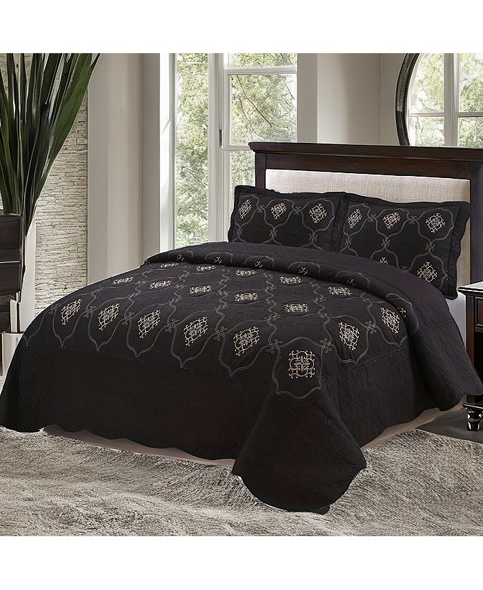 MarCielo 3 Piece Quilted Embroidery Quilts Bedspreads Set Emma Queen ...