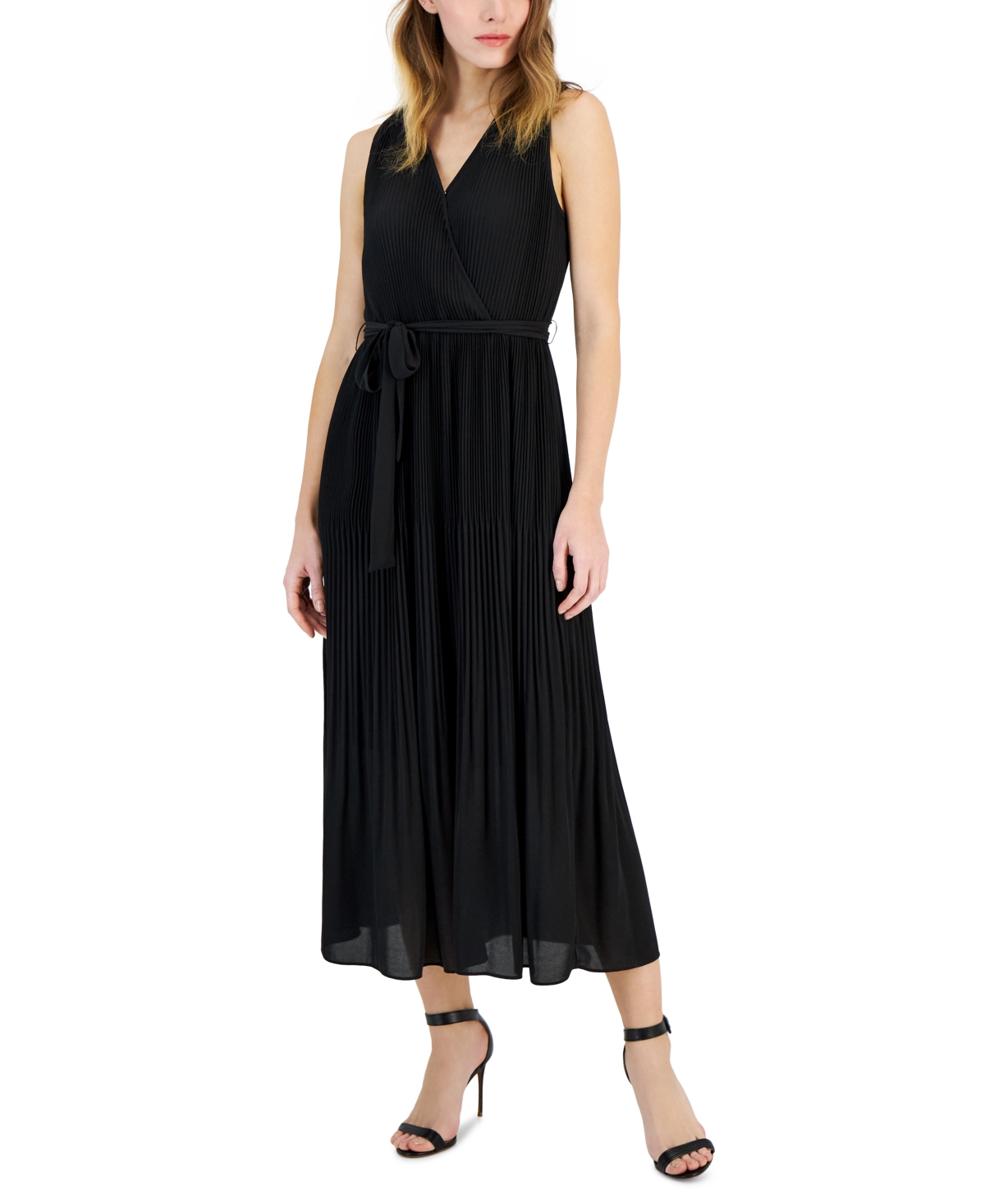Click here for T Tahari Womens Faux-Wrap Sleeveless Pleated Fit &... prices