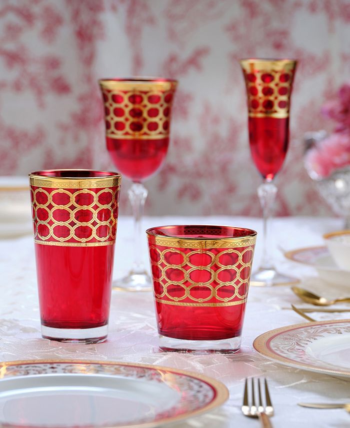 Lorren Home Trends Deep Red Colored High Ball with Gold-Tone Rings, Set ...