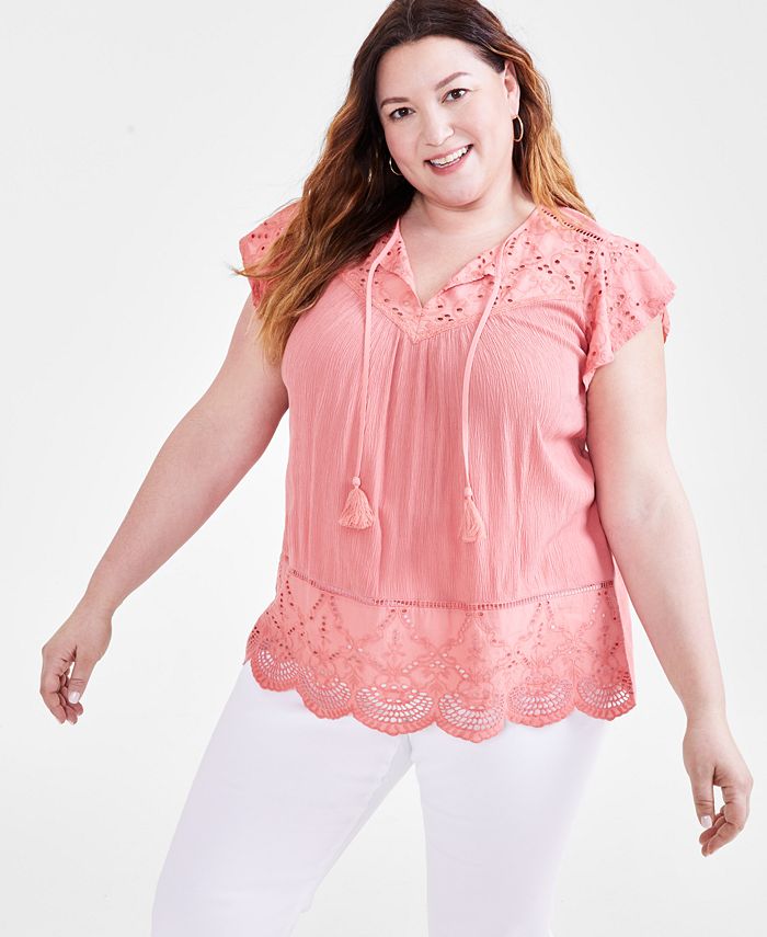 Style & Co Plus Size Eyelet Split-Neck Blouse, Created for Macy's - Macy's
