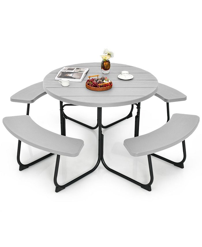 Costway Outdoor 8-person Round Picnic Table Bench Set with 4 Benches ...