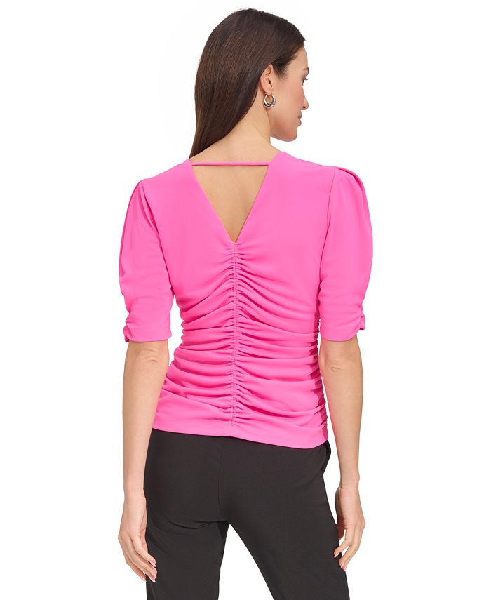 DKNY Women's V-Neck Ruched Knit Elbow-Sleeve Top - Macy's