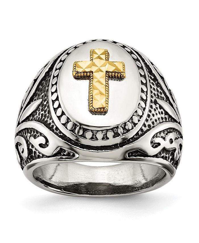 Chisel Stainless Steel 14k Gold Accent Antiqued Polished Cross Ring ...