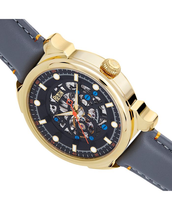 Reign Men Weston Automatic Skeletonized Leather Strap Watch - Gold/Grey ...