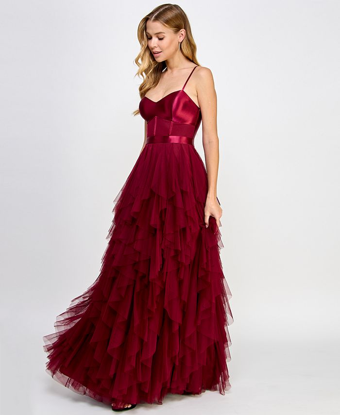 City Studios Juniors' Sweetheart-Neck Ruffled Cascade Gown - Macy's