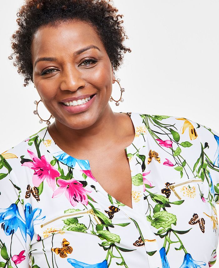 I N C International Concepts Plus Size Floral Print Zip Pocket Top
