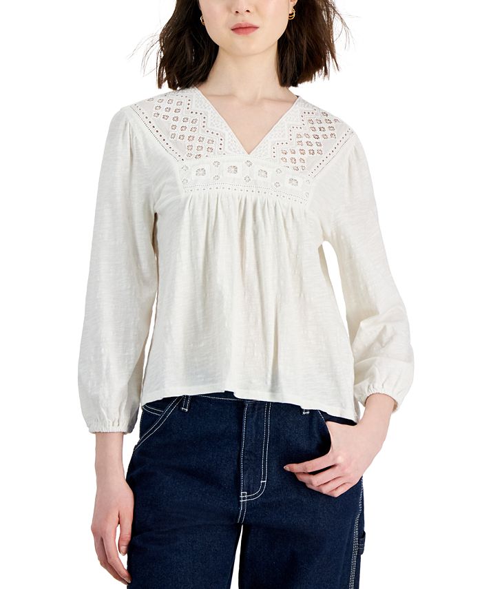 Lucky Brand Women's Embroidered Cutout Cotton Top - Macy's