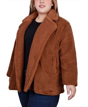 NY Collection Plus Size Long Sleeve Double Breasted Sherpa Jacket - Macy's