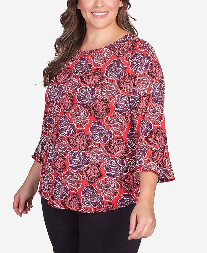 Ruby Rd. Plus Size Elegant Roses Puff Print Ruffle Sleeve Blouse - Macy's