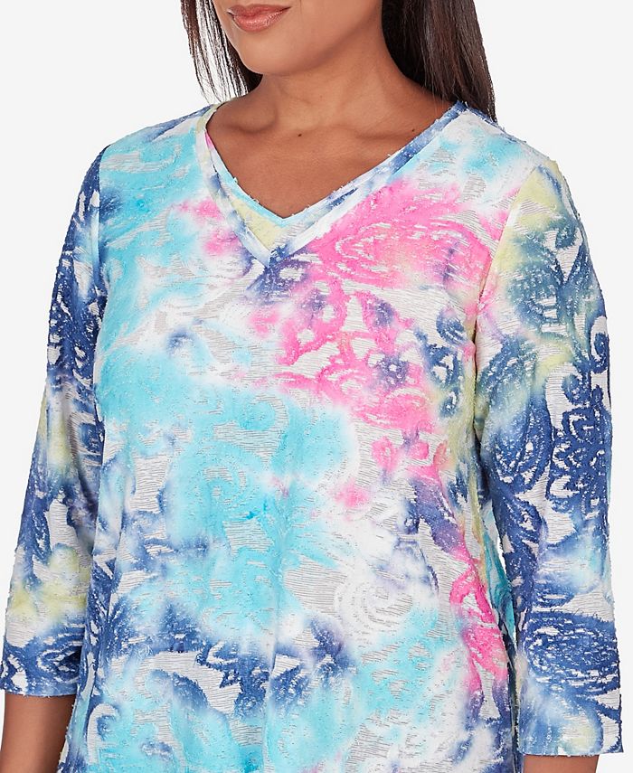 Alfred Dunner Women's In Full Bloom Torn Jacquard Tie Dye Top - Macy's