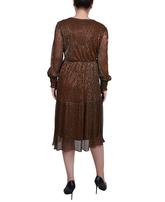 NY Collection Women's Long Sleeve Plisse Mesh Dress - Macy's