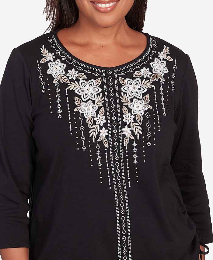 Alfred Dunner Women's Neutral Territory Embroidered Floral Side Tie Top ...