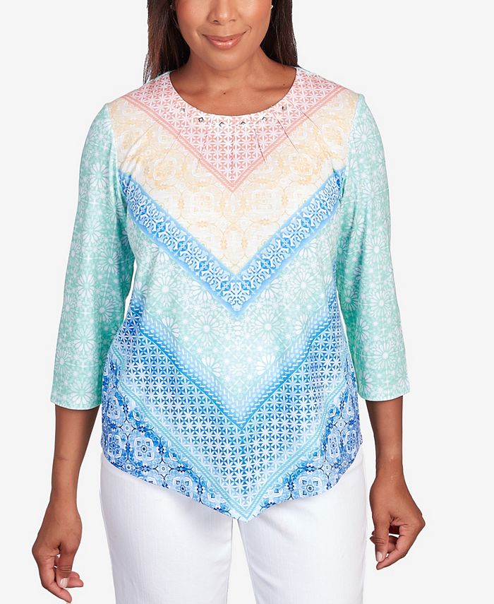 Alfred Dunner Women's Classic Pastels Pleated Neck Chevron Top - Macy's