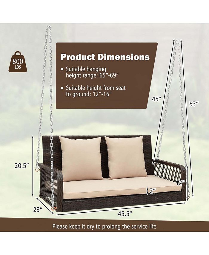 Costway Patio Wicker Porch Swing 2-Person Hanging Loveseat Bench Chair with Cushions - Macy's