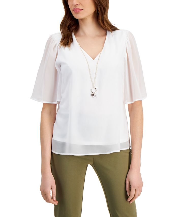 JM Collection Petite V-Neck Flutter-Sleeve Necklace Top, Created for ...