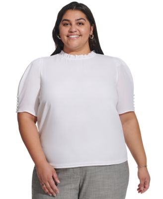 Calvin Klein Plus Size Ruffle-Neck Short-Sleeve Top - Macy's